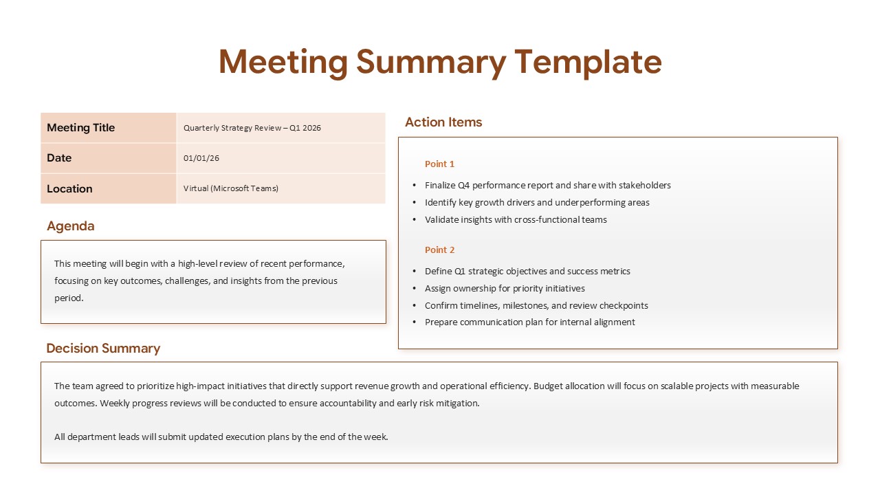Meeting Summary Template for PowerPoint & Google Slides- SlidesDepot